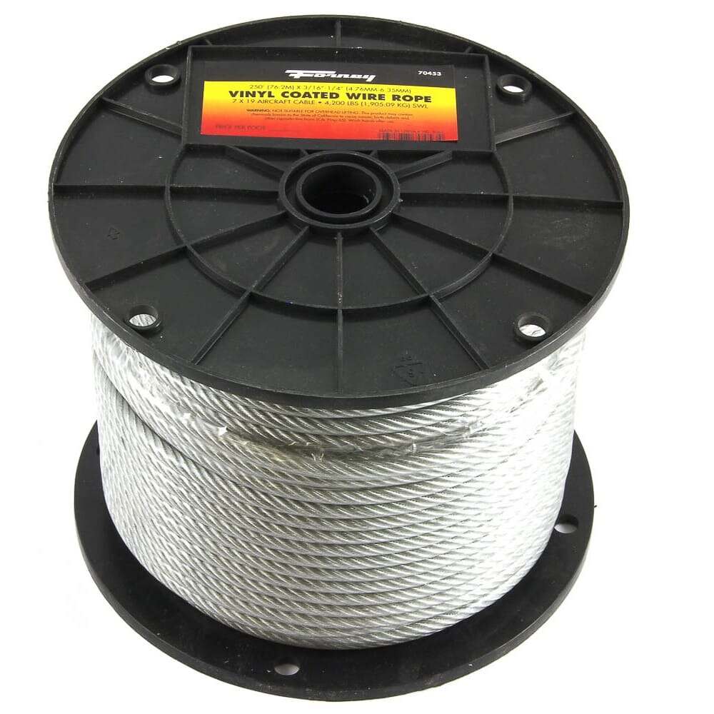 Wire Rope, Vinyl Coated, 3/16 in - 1/4 in x 250ft Spool (Sold by the foot)